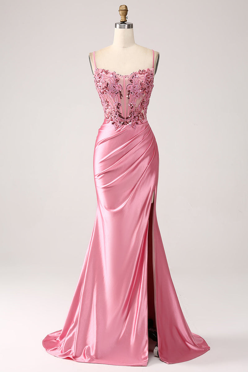 ZAPAKA Femmes Rose Satin Sirène Corset Robe De Bal Avec Fente Spaghetti ...