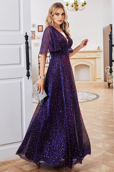 ZAPAKA Femmes Sparkly Robe de soirée violette avec manches courtes A ...